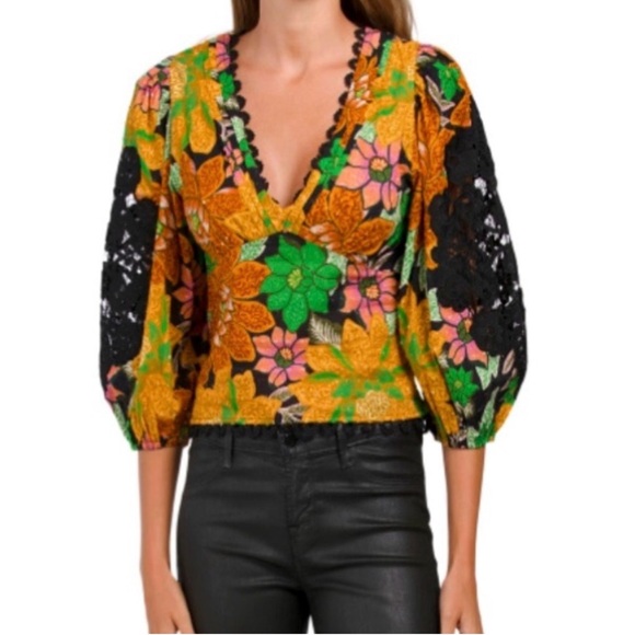 FARM Rio | Tops | Farm Rio Orange Yellow Graphic Puff Sleeve Blouse ...